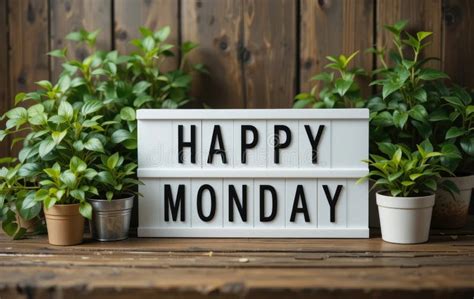 Happy Monday Message With Potted Plants On Wooden Surface Stock