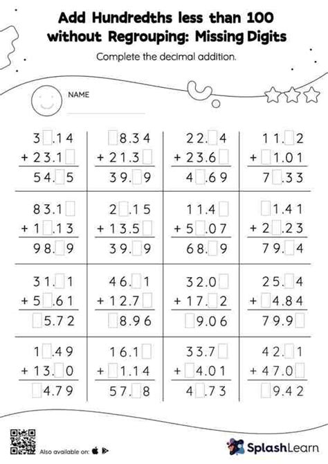 Add Hundredths Less Than 100 Without Regrouping Missing Digits Math