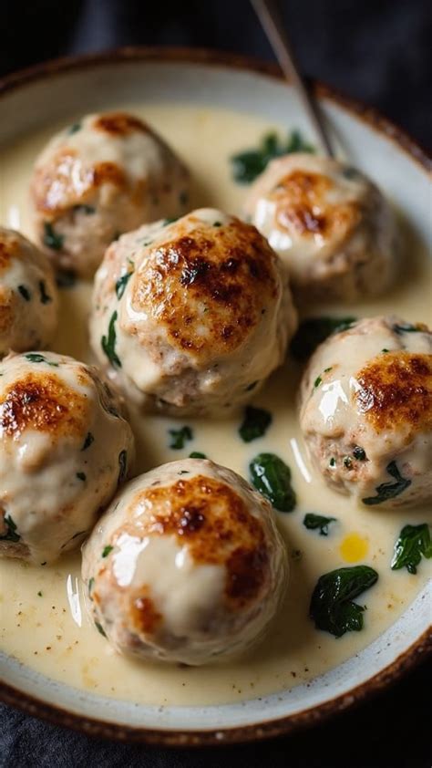 Amany 🍗 كرات دجاج بالريكوتا في صوص ألفريدو بالسبانخ 🥬🧄🧀 وصفة فخمة وسهلة، تجمع بين الطراوة