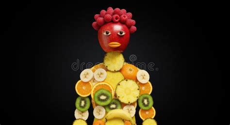 Fruit Sculpture Of Human Figure With Apple Berries And Citrus Stock