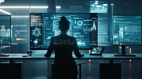 Woman In Dark Suit Sits Before Multiple Monitors Displaying Data