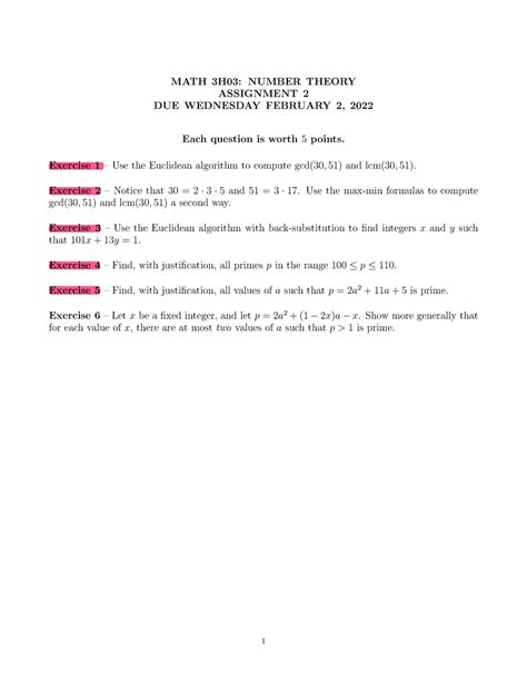 Math3h03 Assignment Number Two Math 3h03 Number Theory Assignment 2