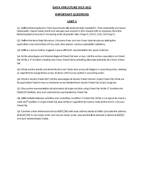 Ds Important Questions Unit Wise Data Structure Kcs 301 Important Questions Unit Q1 Define
