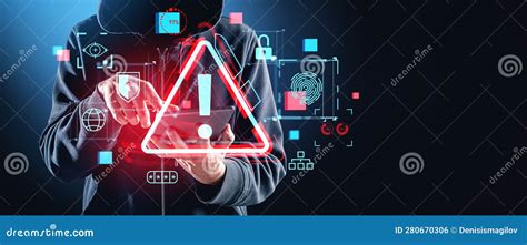 Hacker Attack System Red Alert Symbol Hologram And Cybersecurity Icons