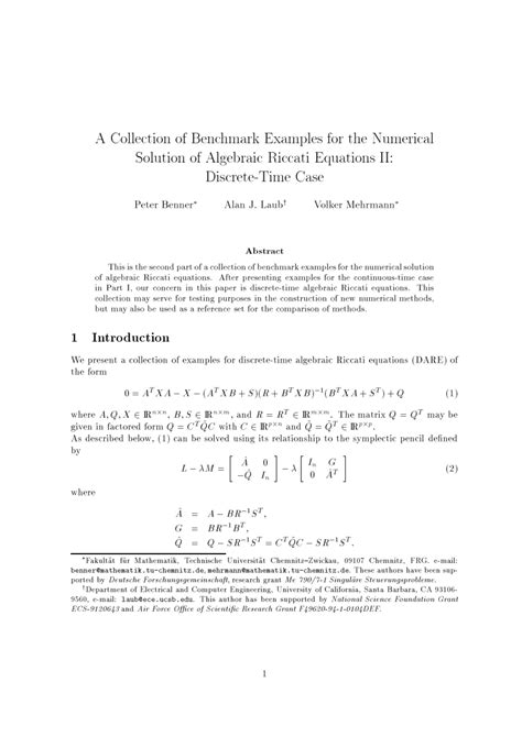Pdf A Collection Of Benchmark Examples For The Numerical Solution Of Algebraic Riccati