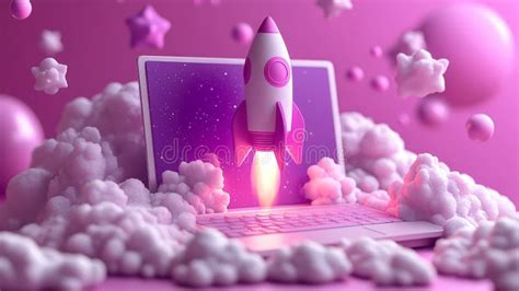 3d Rocket Launching With Business Growth Graph And Geometric Shapes