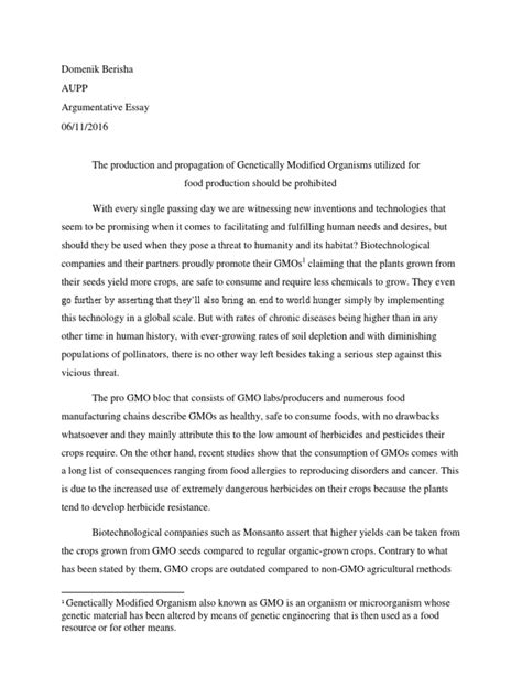 Argumentative Essay Genetically Modified Organism Genetic Engineering