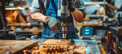 Carpenter S Hand In Gloves Using Electric Drill To Assemble Wood In