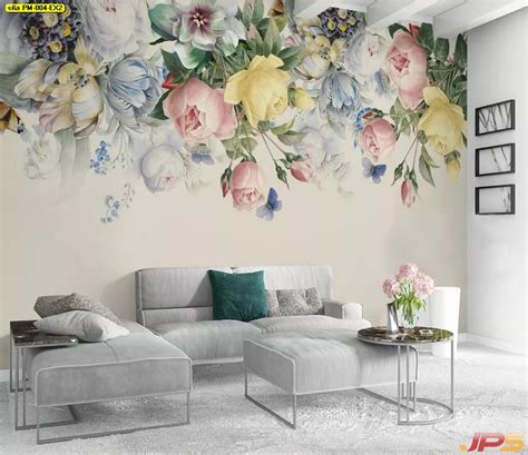 วอลเปเปอร์สั่งพิมพ์ ลายดอกกุหลาบและดอกไม้สวยๆ ติดผนังห้องรับแขก