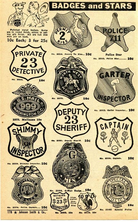 1950 Small Print Ad Of Badges And Stars Police Mountie G Men Shimmy Us