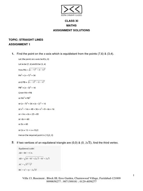 Straight Lines Assignment 1 Solutions Pdf Slope Line Geometry