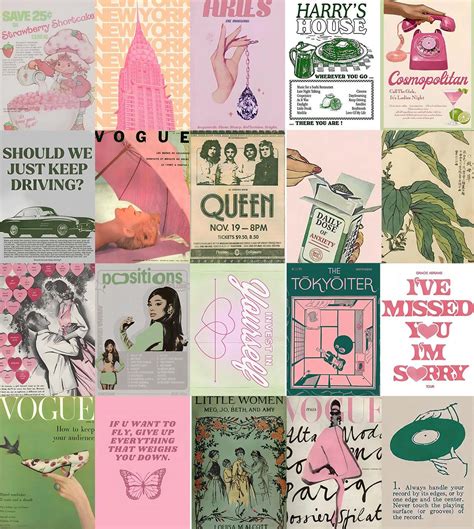 80 Pcs Pink And Green Aesthetic Poster Collage Pink Wall Photo