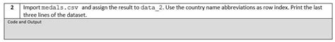 solved import medals csv and assign the result to data 2