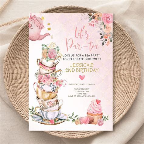 Editable Tea Party Birthday Invitation Girl Par Tea Invite Floral Pink