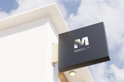 사무실 상점 건물의 외관에 로고 기호 모형 사각형 간판 상자 프리미엄 Psd 파일