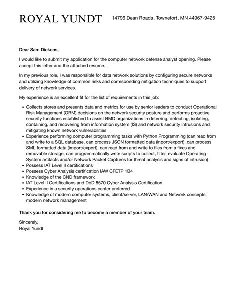 Computer Network Defense Analyst Cover Letter Velvet Jobs