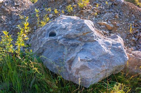 A Marble Limestone Boulder Lies Against A Background Of Grass Stock Image Image Of Backdrop