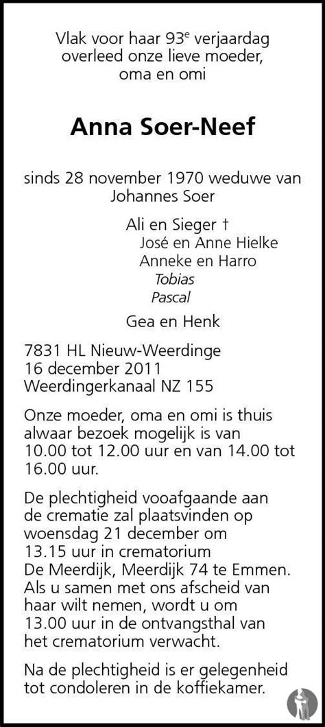 Anna Soer Neef 16 12 2011 Overlijdensbericht En Condoleances