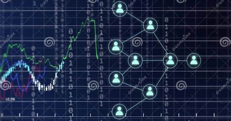 Image Of Graph Binary Data Processing With Networks Of People Icons On Black Background Stock