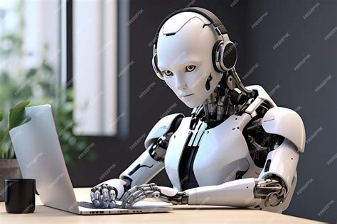 3d rendering humanoid robot working with headset and notebook | Premium AI-generated image