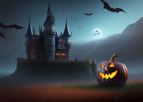 Haunted House Halloween Background With Scary Pumpkins Haunted House