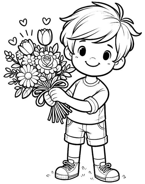 Kolorowanka Na Dzień Kobiet Chłopiec Z Bukietem Kwiatów Nel 2024