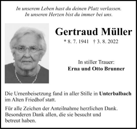 Traueranzeigen Von Gertraud Müller Trauerportal Ihrer Tageszeitung