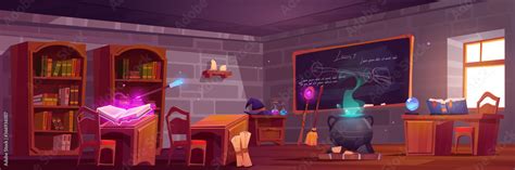 Magic School Classroom Interior With Wooden Desks For Pupils And