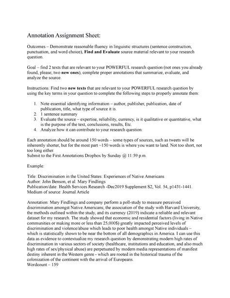 Annotations Assignment Sheet Annotation Assignment Sheet Outcomes