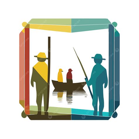 شعار الناس الصيد المتجه أيقونة ملونة مبسطة للصيادين على خلفية بيضاء