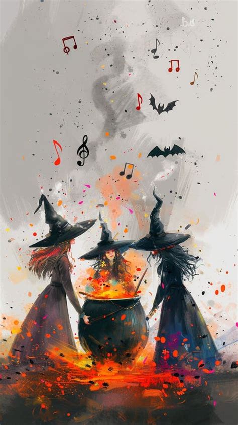 Three Witches Brewing A Magic Potion In A Cauldron Surrounded By Music
