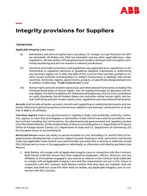 Integrity Provisions For Suppliers Pdf Breach Of Contract Business