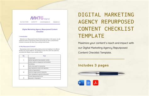 Digital Marketing Agency Repurposed Content Checklist Template In Word
