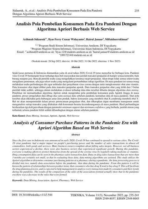 Pdf Analisis Pola Pembelian Konsumen Pada Era Pandemi Dengan Algoritma Apriori Berbasis Web