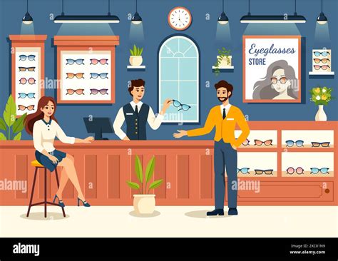 Vector Illustration Of An Eyeglasses Store Or Optical Shop Featuring