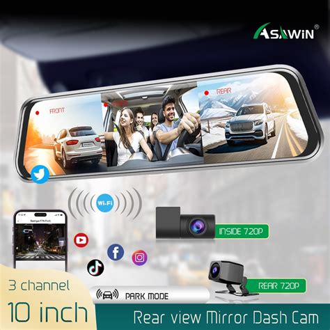 3 Câmeras Wifi 10 Polegadas Vista Traseira Espelho Câmera Dash Cam 3 Vias Asawin H5 Tela