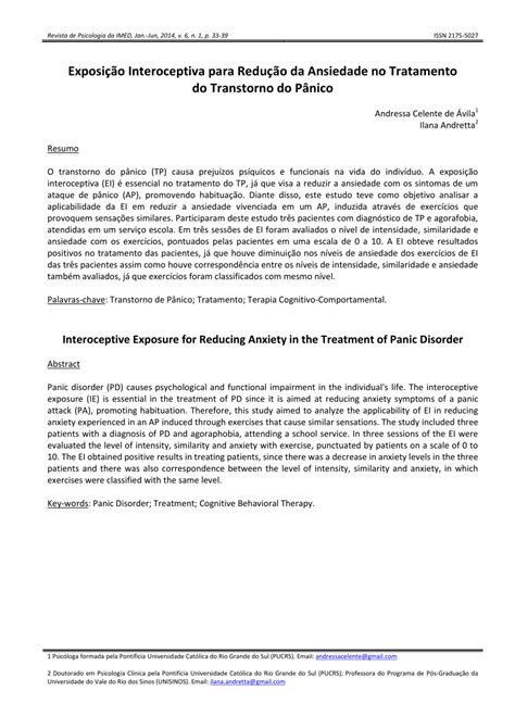 Pdf Interoceptive Exposure For Reducing Anxiety In The Treatment Of Panic Disorder