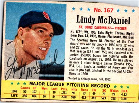 Lindy Mcdaniel Autographed Baseball Card St Louis Cardinals 1963
