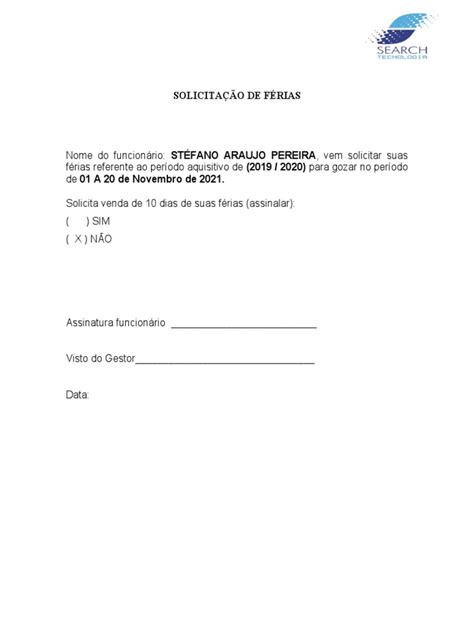 Modelo Solicitação De Férias Pdf