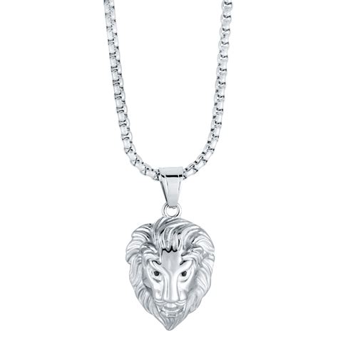 Stainless Steel Polished Black Cz Lion Head Pendant Necklace