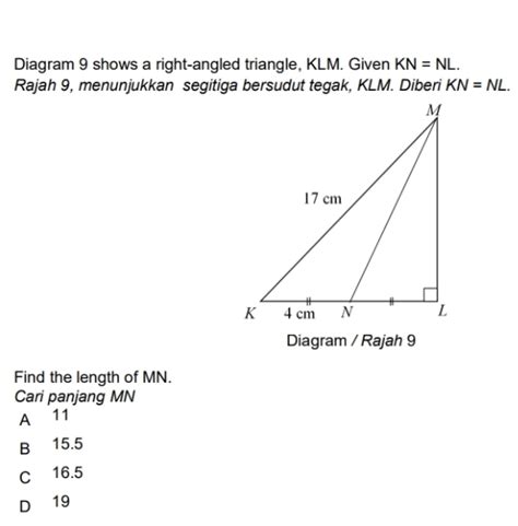 Solved Diagram 9 Shows A Right Angled Triangle Klm Given Knnl