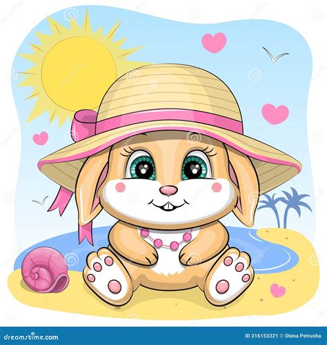 Cute Cartoon Bunny In Summer Hat On The Beach Stock Vector Illustration Of Background Girl