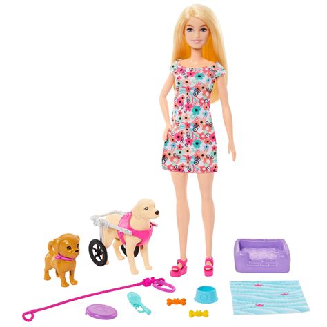 Barbie Coffret Poupée Avec 2 Figurines Chien Chariot Amovible Roues