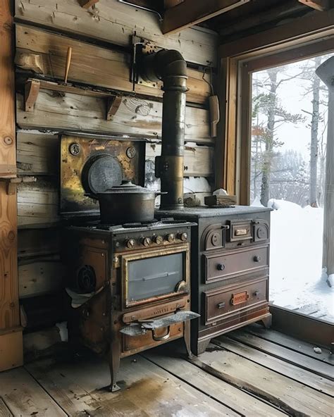 Rustic Cabin Stove With Winter View Nel 2024