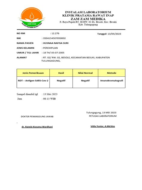Format Hasil Swab Antigen Pdf