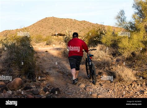 Man Taking A Sunrise Walk In Apache Wash Trailhead In Arizona Stock
