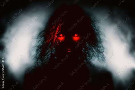 Scary Evil Spirit With Glowing Red Eyes Haunts The Foggy Woods At