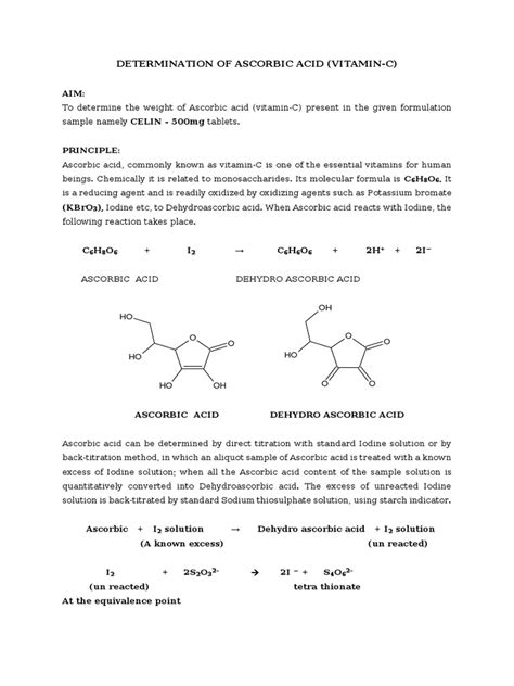Determination Of Ascorbic Acid Pdf Titration Chemistry