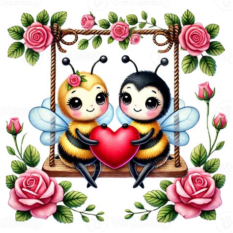 Cute Bees In Love Surrounded By Roses On A Swing Valentine Cartoon
