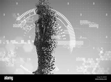 Full Length Of Pixelated Black 3d Woman Against Digitally Generated